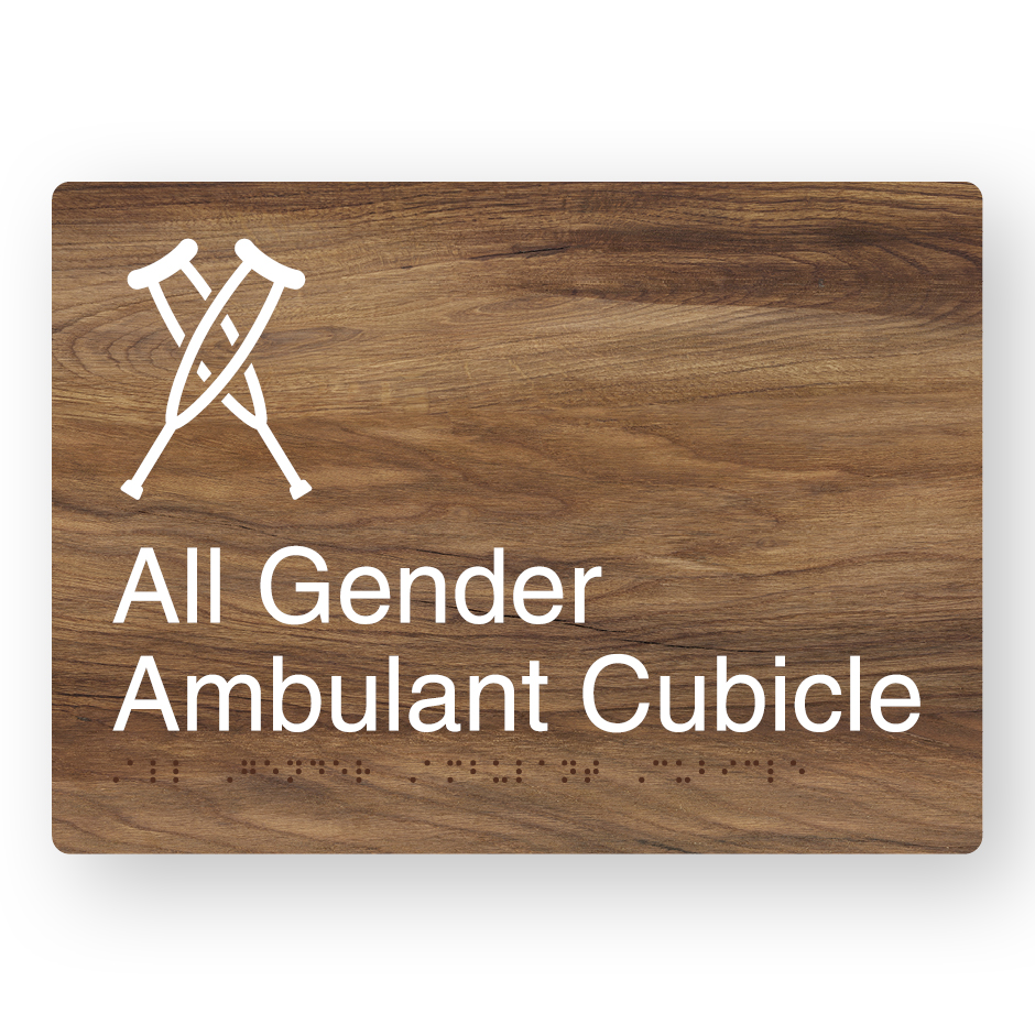 All Gender Ambulant Cubicle Mid-Tone Woodgrain Aluminium Braille Sign