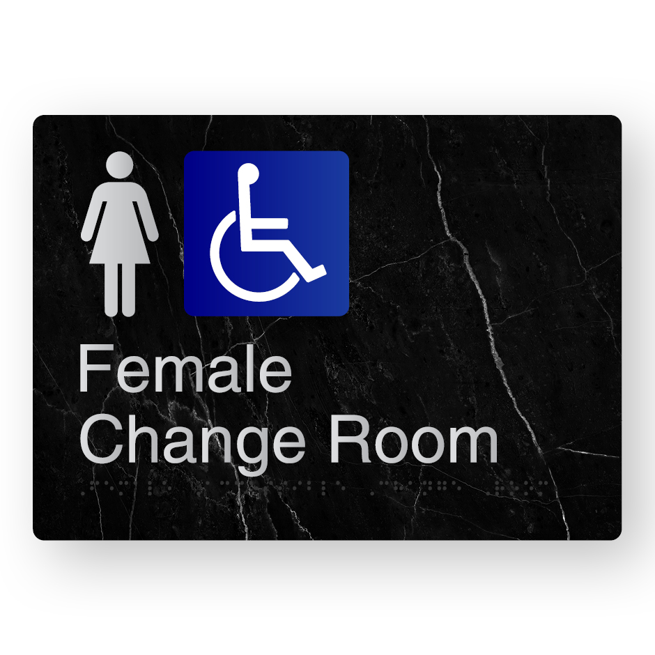 Female Accessible Change Room Braille Sign in a Black Marble & Silver ...