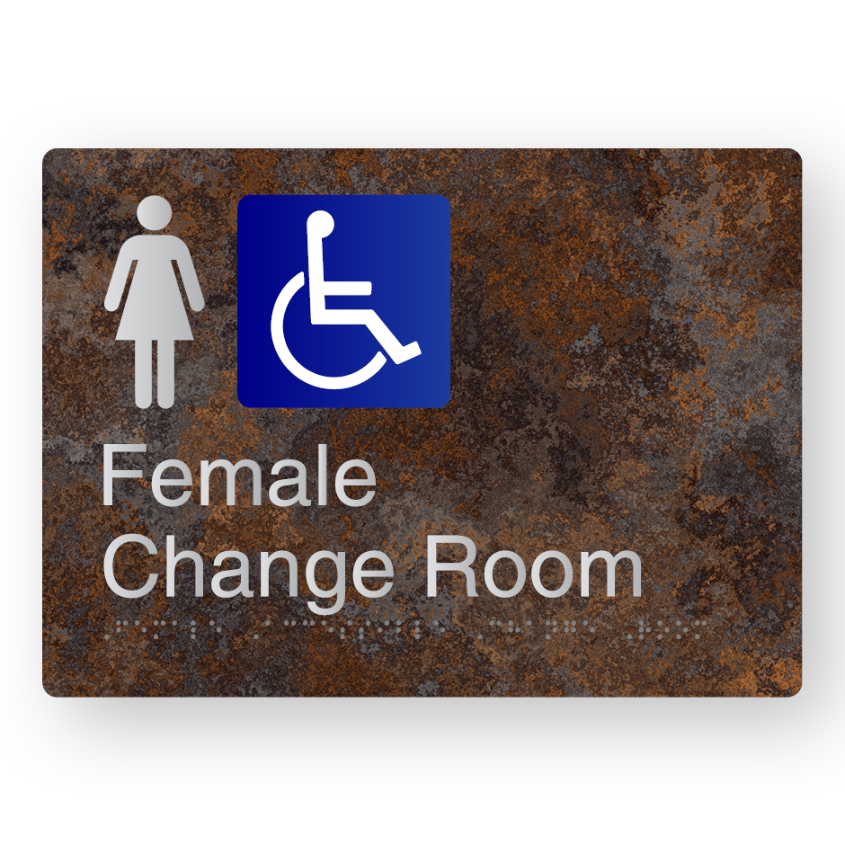 Female Accessible Change Room Braille Sign in a Distressed Metal Finish ...