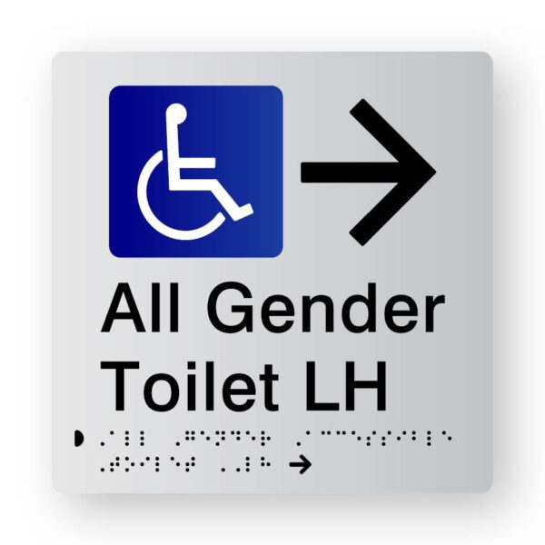 All Gender Accessible Toilet LH Braille Sign in Silver 3d Acrylic